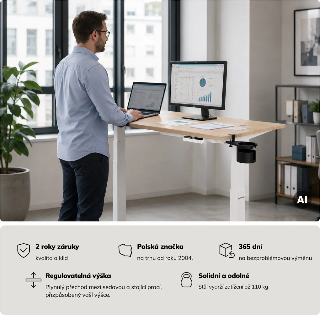 Elektrický stůl s nastavitelnou výškou ergonomický bílý/dub sonoma,1200x600 mm: ARIA