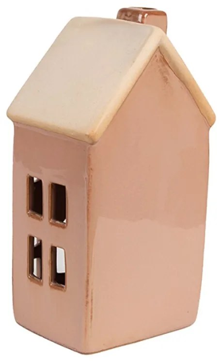 Vánoční dekorace s LED světlem hnědý porcelánový domeček s okny, srdíčkem a komínem – 8x6x15 cm