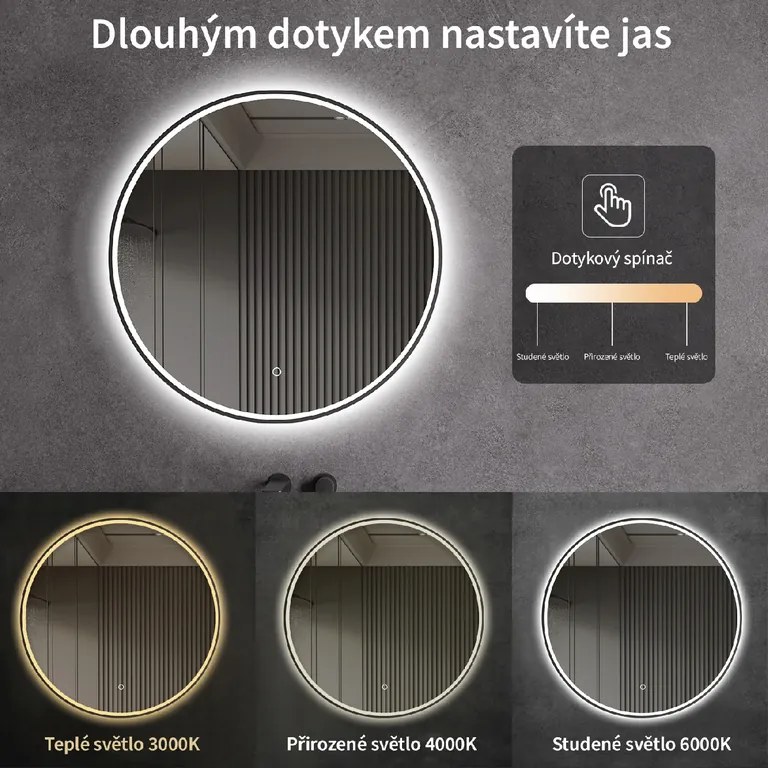 CERANO - Koupelnové LED zrcadlo Vito, kovový rám - černá matná - Ø 60 cm
