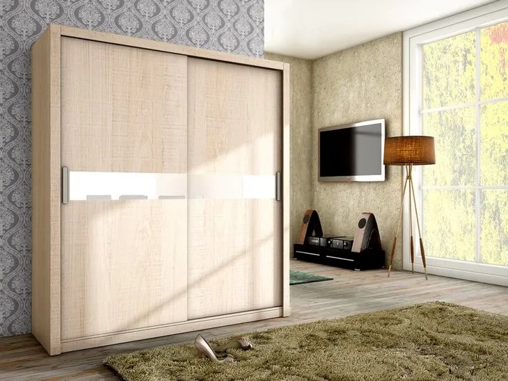 MEBLINE Moderní šatní skříň s posuvnými dveřmi ADEL 180 sonoma + bílé sklo