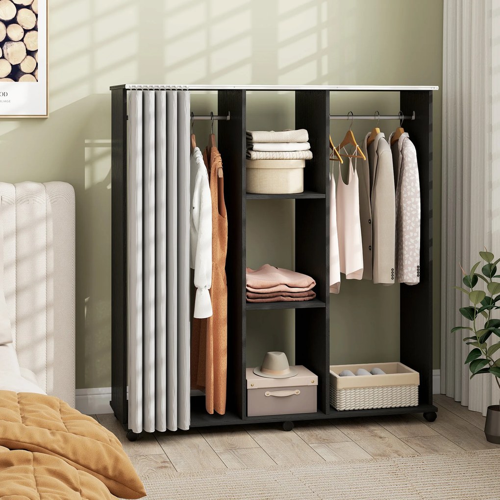 HOMCOM Šatní skříň, šatník, mobilní úložná skříň 6 koleček 120L x 40l x 128H cm, černé dřevo