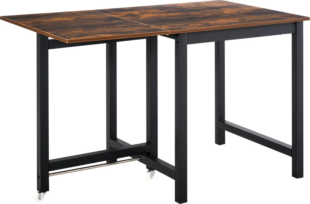 HOMCOM Rozkládací Skládací Jídelní Stůl Obdélníkový pro 4-6 Osob s Kolečky, Jídelní Stůl z Kovového Materiálu 118 x 70 x 76,5 cm Hnědý | Aosom