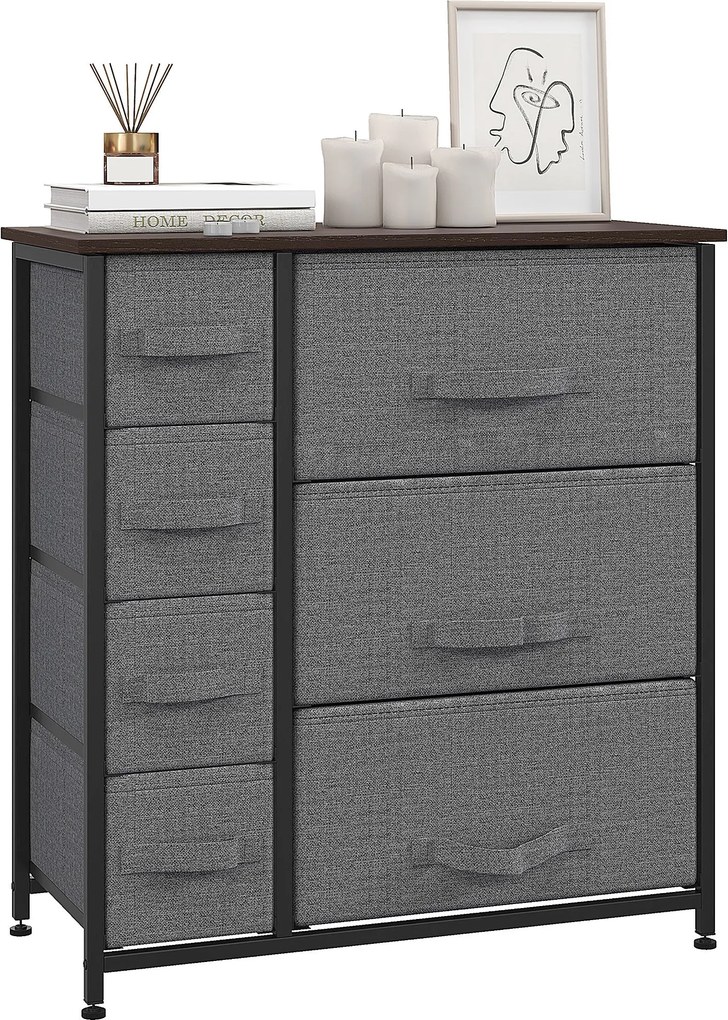 HOMCOM Skříňka s šuplíky a skládacími látkovými zásuvkami, kovový rám + dřevo + netkaná látka, tmavě šedá 63,5 x 30 x 71 cm | Aosom