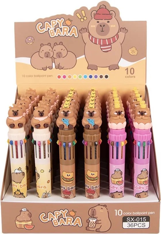 36ks barevná propiska pro děti 10 v 1 – Capybara - 19*18*16 cm