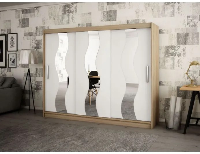 Velká šatní skříň s posuvnými dveřmi a ozdobnými zrcadly Hedvika 250 v barvě dub sonoma-bílá