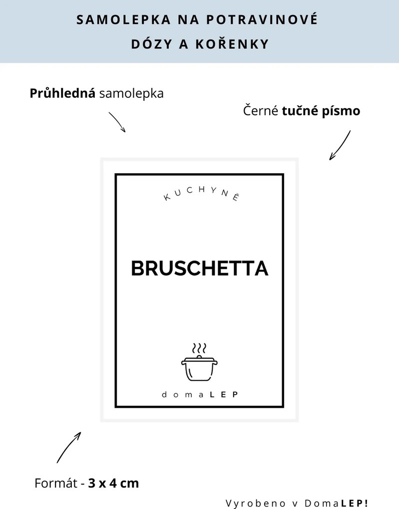 Samolepka na kořenky BRUSCHETTA průhledná 3 × 4 cm tučné písmo