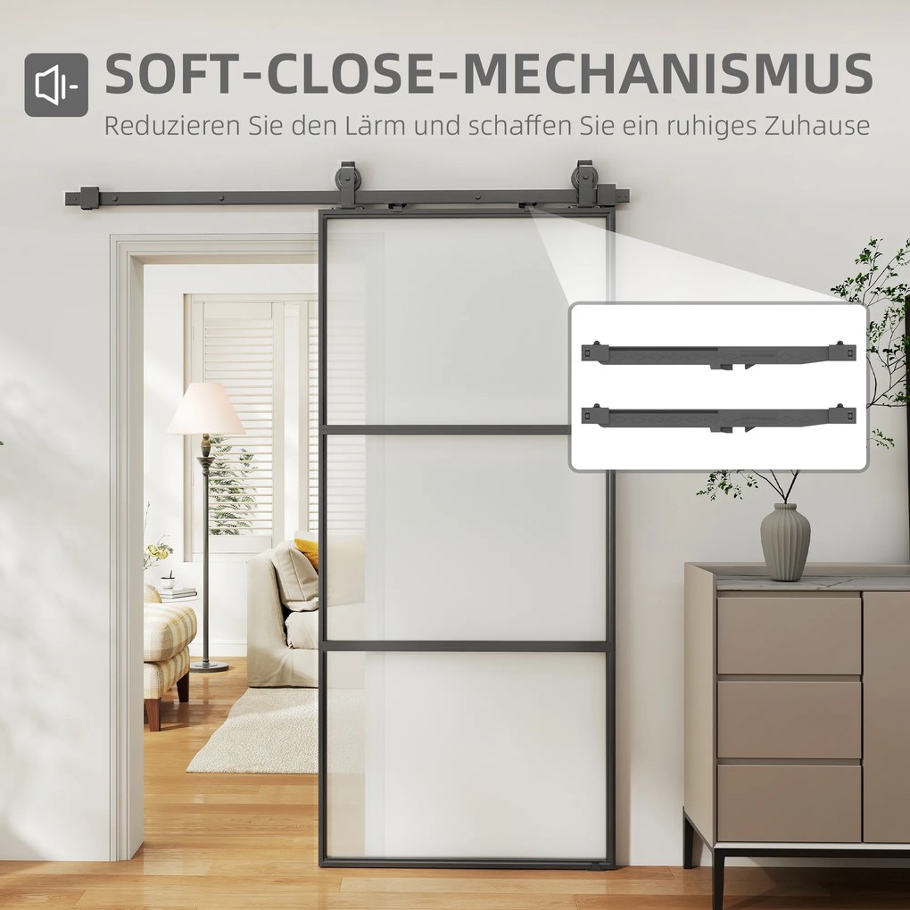 HOMCOM Posuvné Dveře s Hardwarem - Skleněné Posuvné Dveře s Mechanismem Tichého Zavírání pro Koupelnu, Obývací Pokoj a Kuchyni 91,4x203,2 cm Černé