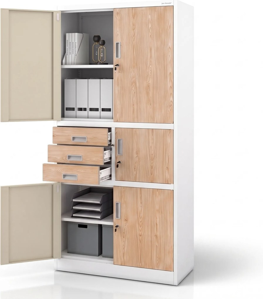 Kovová kancelářská skříň se sejfem bílá, dub sonoma, 900x1850x400 mm: FILIP II Eco Design