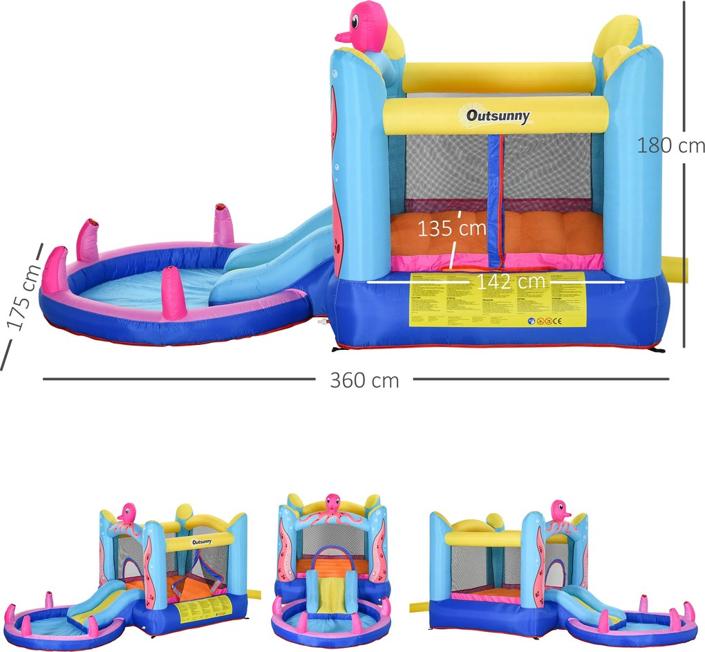 Outsunny samonafukovací skákací hrad včetně fukaru, záplat, 1 trampolíny, 1 vodního bazénu, 1 skluzavky, 360 x 175 x 180 cm