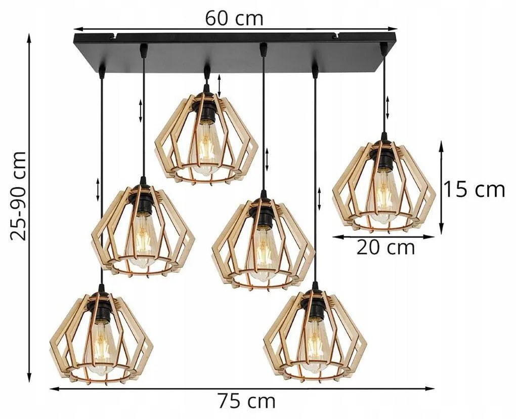 Závěsné svítidlo TIMBER SPIDER, 6x dřevěné stínítko