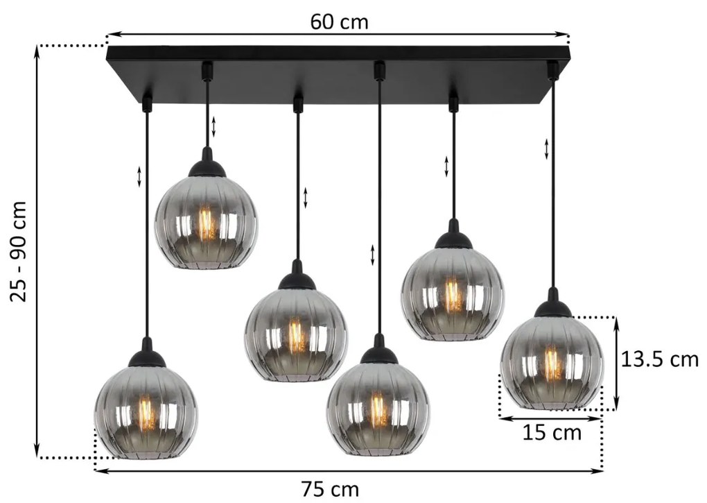 Závěsné svítidlo Costa, 6x grafitové skleněné stínítko, b