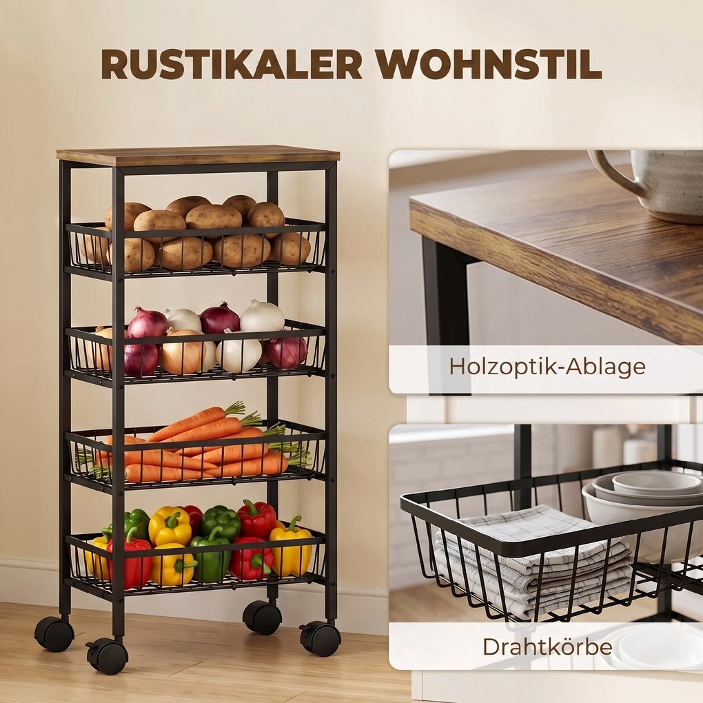 HOMCOM Servírovací vozík na kolečkách s 4 úrovněmi, kuchyňský vozík se 4 vysunovacími košíky, úložný vozík na kolečkách do kuchyně