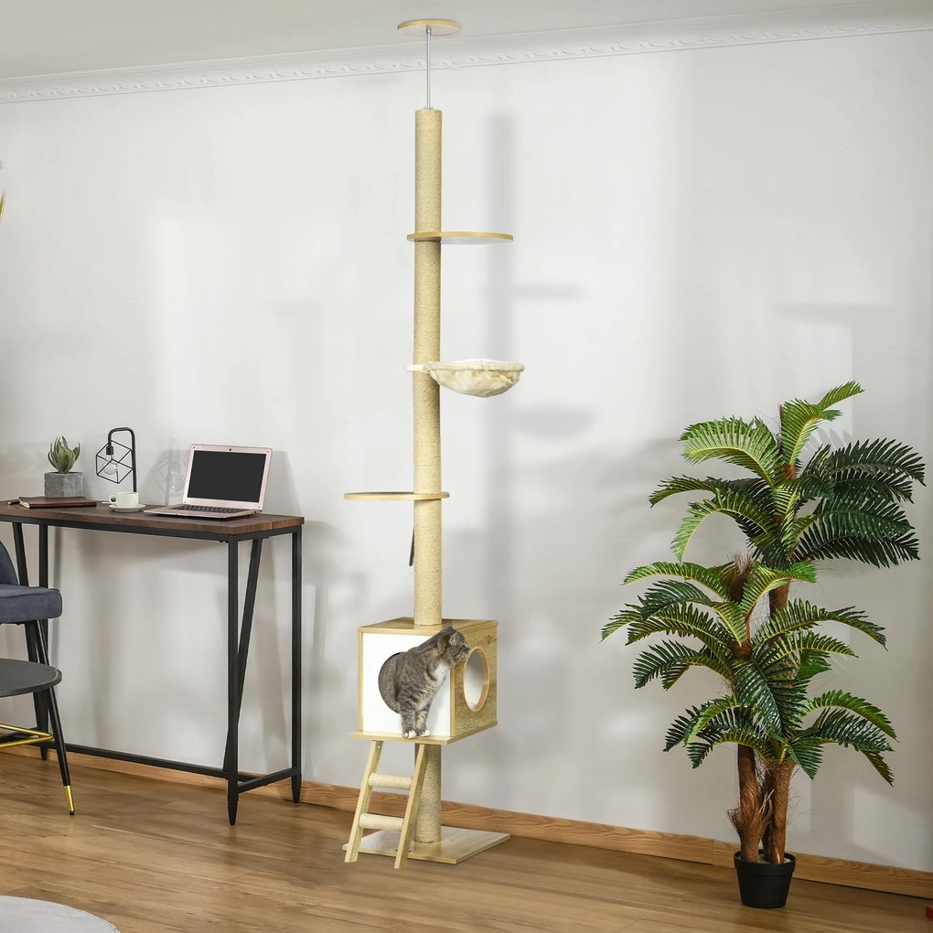 Škrabadlo PawHut 240-260 cm vysoké s domečkem pro kočky a houpací sítí ve světle hnědé a béžové barvě pro aktivní kočky |
