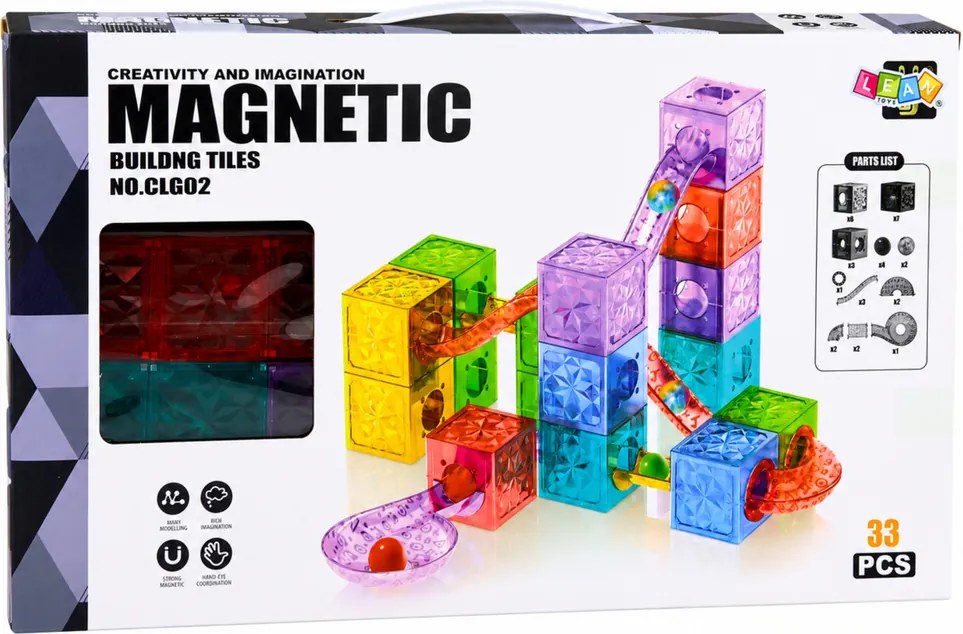 LEAN Toys Magnetické stavebnicové kostky – kostky, kuličková dráha, barevné, 28 ks.