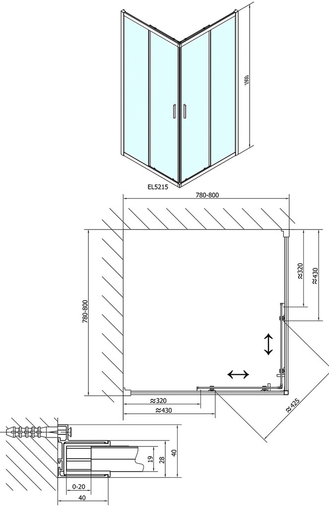Polysan EASY LINE čtvercová sprchová zástěna 800x800mm, čiré sklo, EL5215
