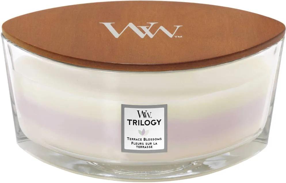WoodWick – HearthWick Trilogy vonná svíčka Rozkvetlá terasa (Terrace Blossoms), 453 g