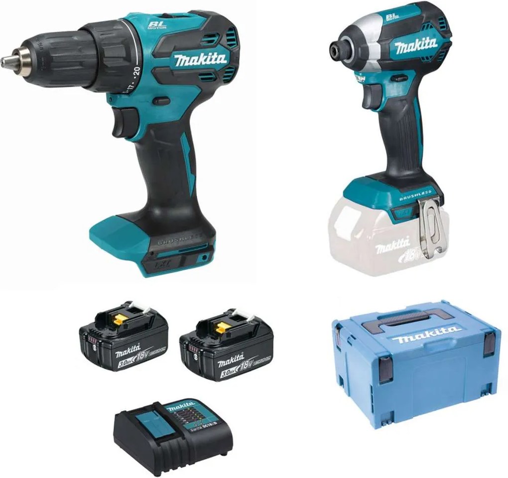 Makita - 18V AKU sada vrtačky s příklepem a rázového utahováku, 2x aku 3,0 Ah Li-Ion, nabíječka DLX2537SJ