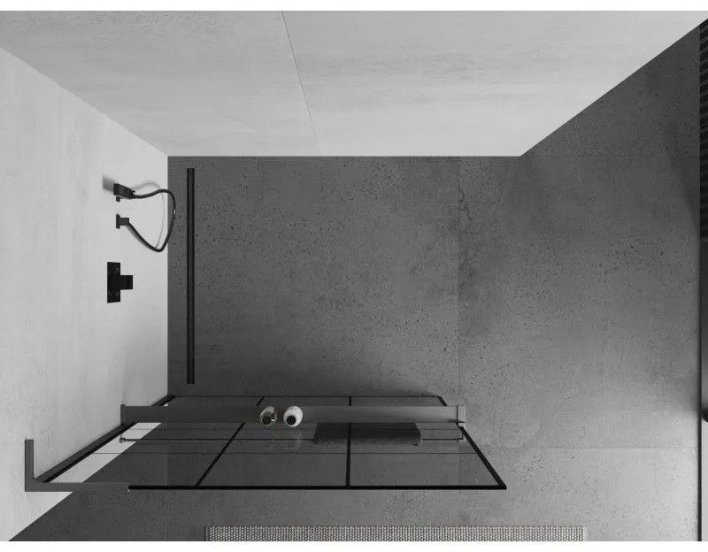 Mexen Kioto+ L, sprchová zástěna Walk-In s poličkou a věšákem 100 x 200 cm, 8mm čiré sklo černý vzor, ​​grafitový profil, 800-100-123-95-77