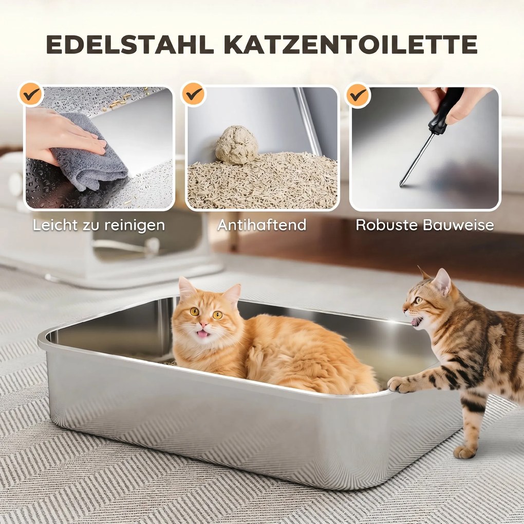 PawHut XXL nerezová uzavíratelná toaleta pro kočky – sklápěcí víko, vysoké boky, horní vstup, lopatka, kontrola zápachu, snadné čištění, nepropustná,…