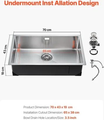 70 cm kuchyňský dřez pod montáž nerezová tyč s jednou mísou