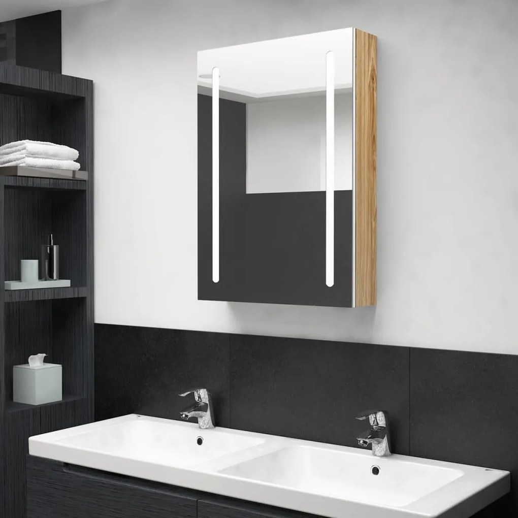 LED koupelnová skříňka se zrcadlem bílá a dub 50 x 13 x 70 cm 326500
