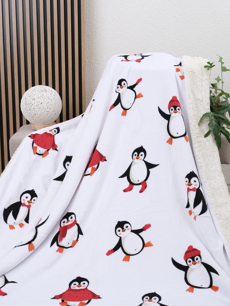 MK Lůžkoviny Beránková deka mikroplyš 150 × 200 cm – Tučňáci bílé