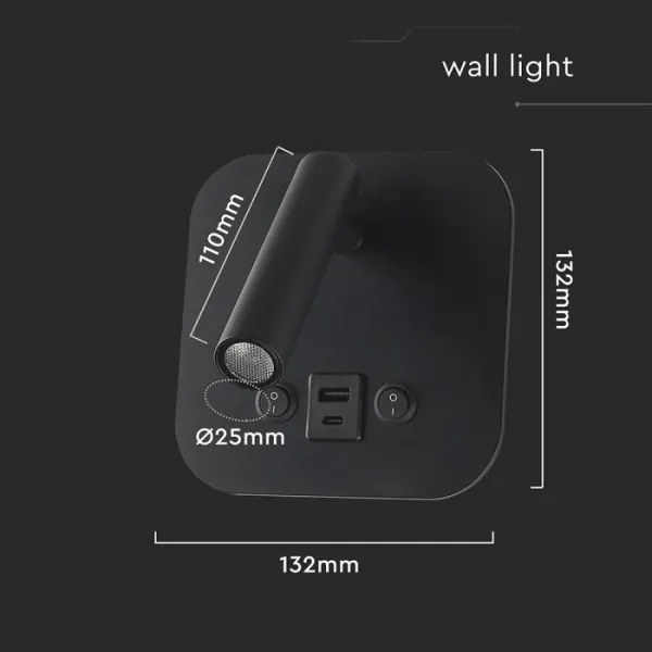 LED Nástěnné bodové svítidlo s USB portem LED/8W/230V 3000K černá
