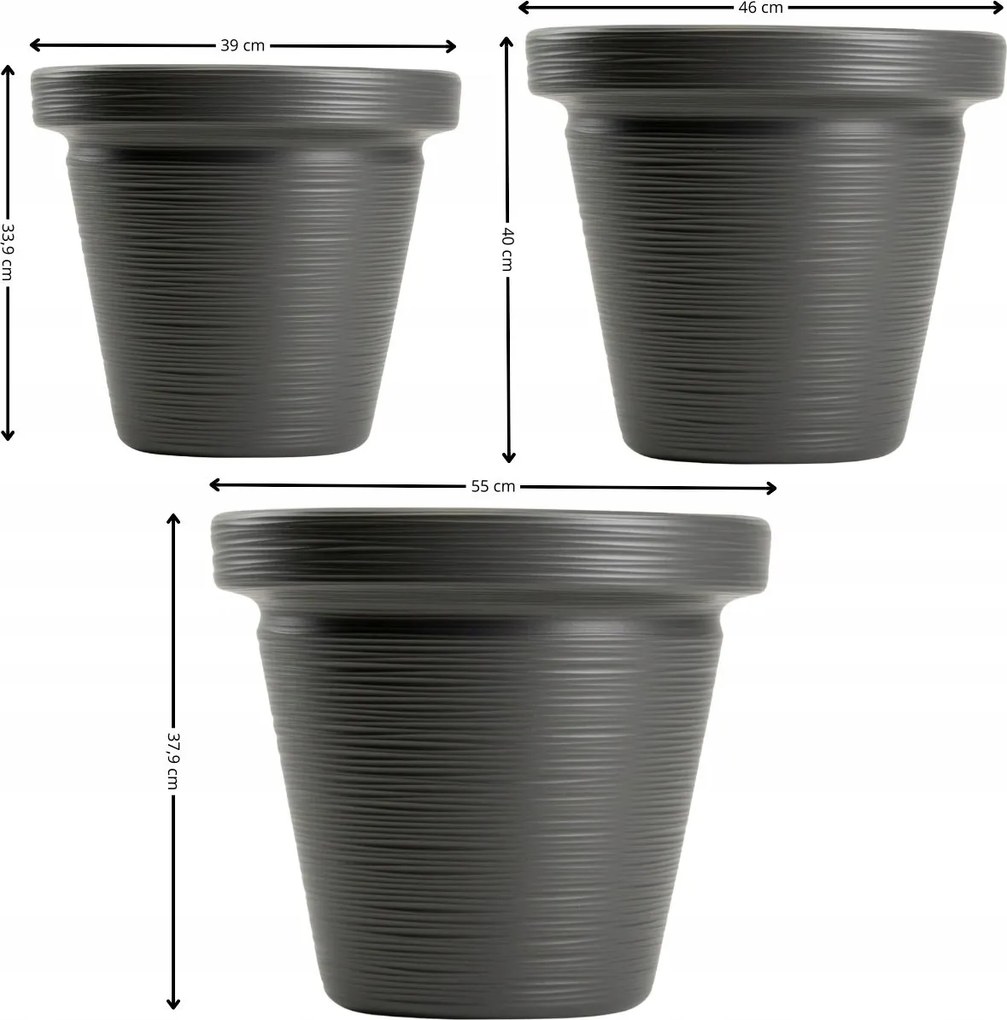 Sada 3 ks květináčů SRTIA RIFLO 47,9x55/40x46/33,9x39 cm antracitová