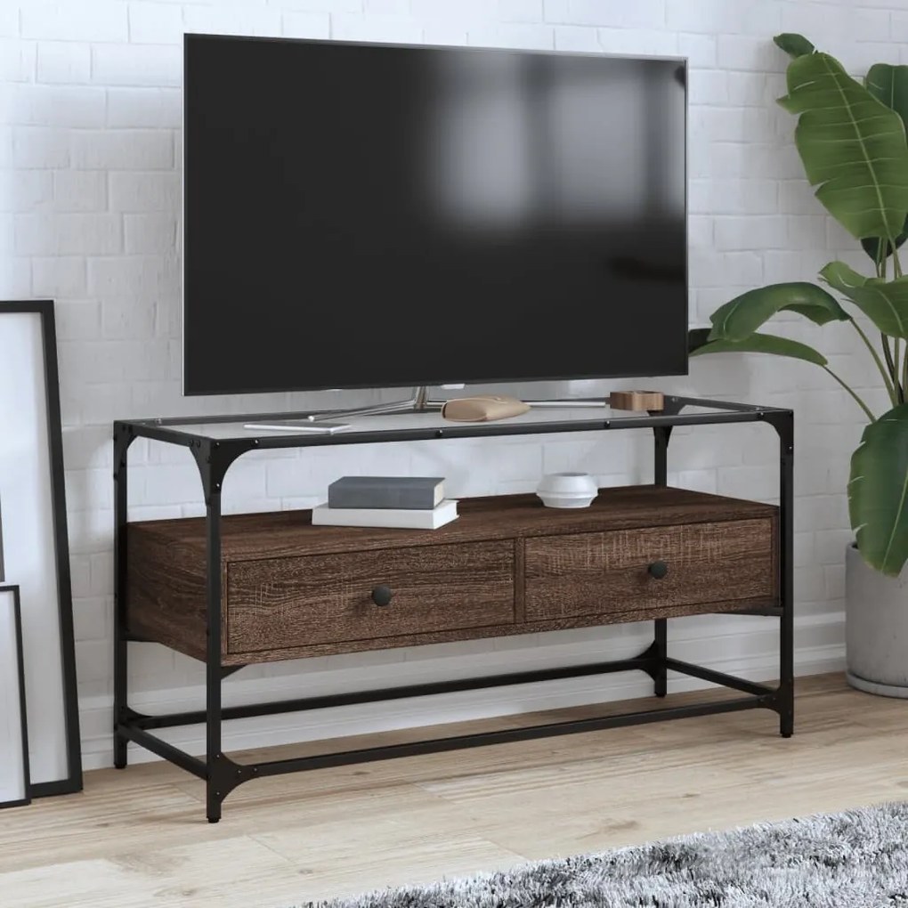 TV skříňka se skleněnou deskou hnědý dub 98x35x51 cm kompozit