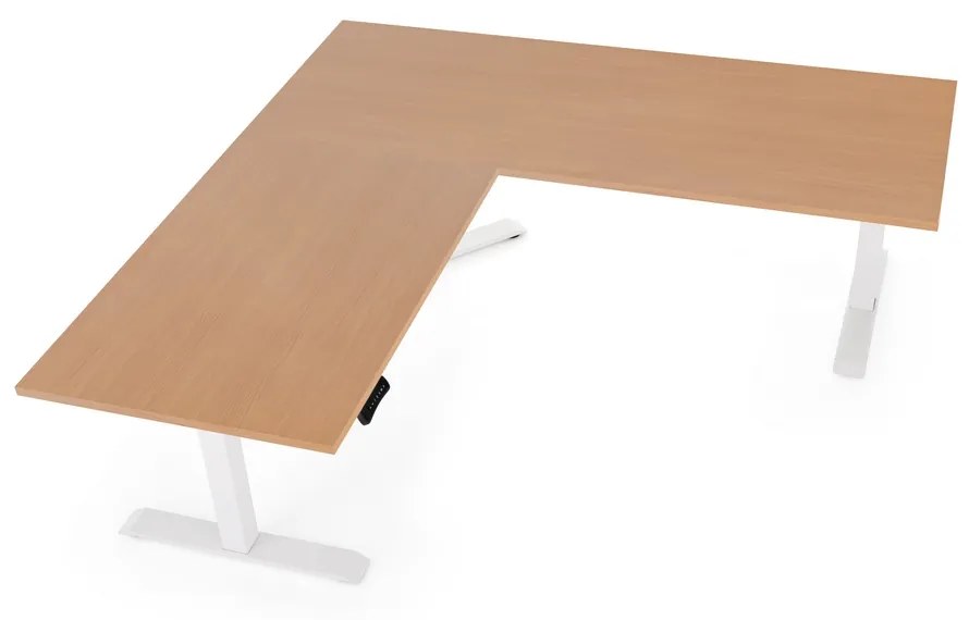 Výškově nastavitelný stůl OfficeTech Angle, 180 x 200 cm, bílá podnož, buk
