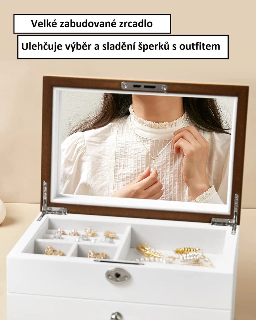 Organizér na šperky se dvěma přihrádkami a zrcadlem, bílý JOW15WNV1