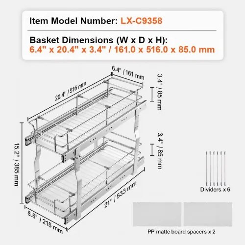 2-vrstvá drátěná výsuvná skříňka pod dřez Organizér 21,6 × 53,3 cm zásuvkový koš