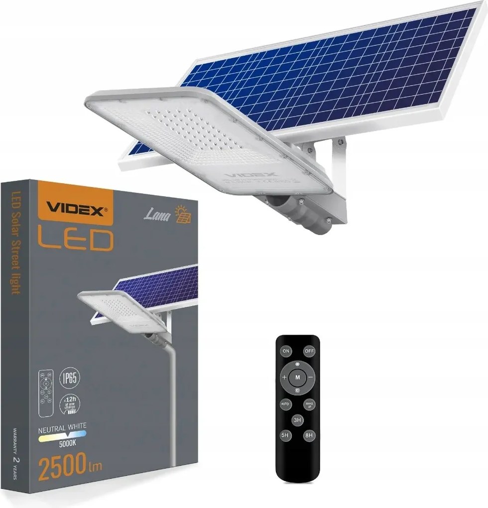 Solární Led lampa s dálkovým ovládáním 2500 lm 5000K panel 30W IP65 Lana Videx