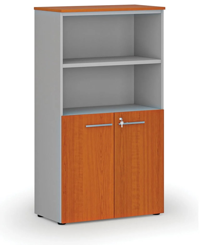 Kombinovaná kancelářská skříň PRIMO GRAY, dveře na 2 patra, 800 x 420 x 1434 mm, šedá/třešeň