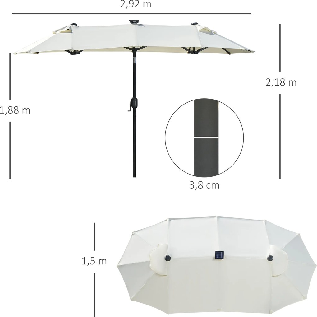 Dvojitý slunečník, terasový slunečník, sklápěcí, se solárním panelem, 35 LED diod, ocelový rám, béžová barva, 2,92 x 1,50 x 2,18 m