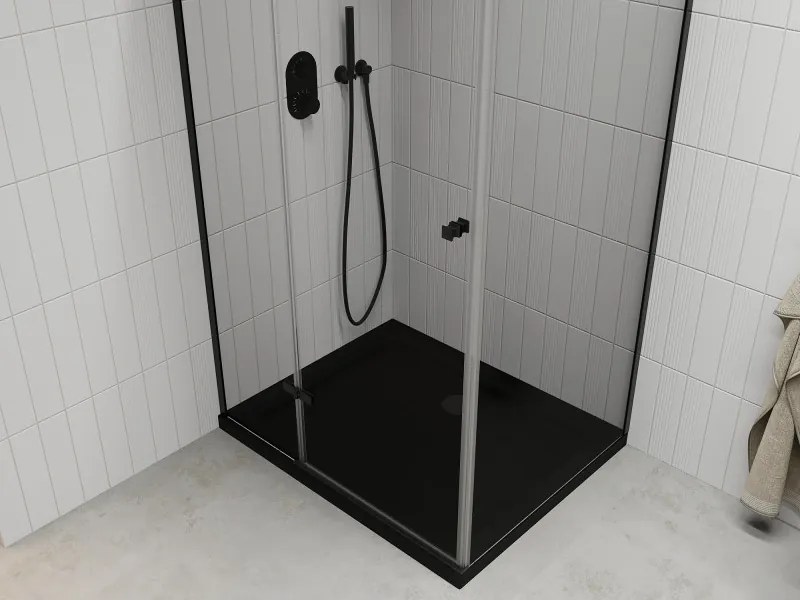 Mexen Roma, sprchový kout s 1-křídlými dveřmi 120 (dveře) x 80 (stěna) cm, 6mm čiré sklo, černý profil, slim sprchová vanička 5cm černá s černým sifonem, 854-120-080-70-00-4070B