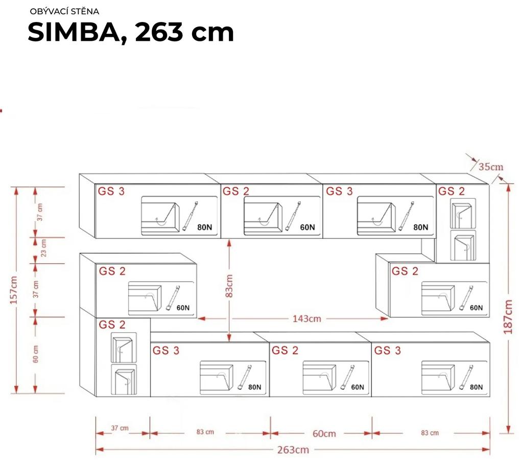 Ral Obývací stěna SIMBA 1, 263 cm - Černý lesk