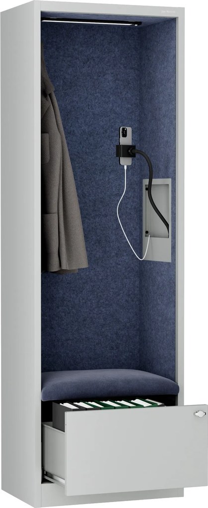 Kancelářská akustická kabina se sedátkem a USB-C portem, korpus šedý / sedák námořnická modrá, 600 mm: SALLY MentalBox