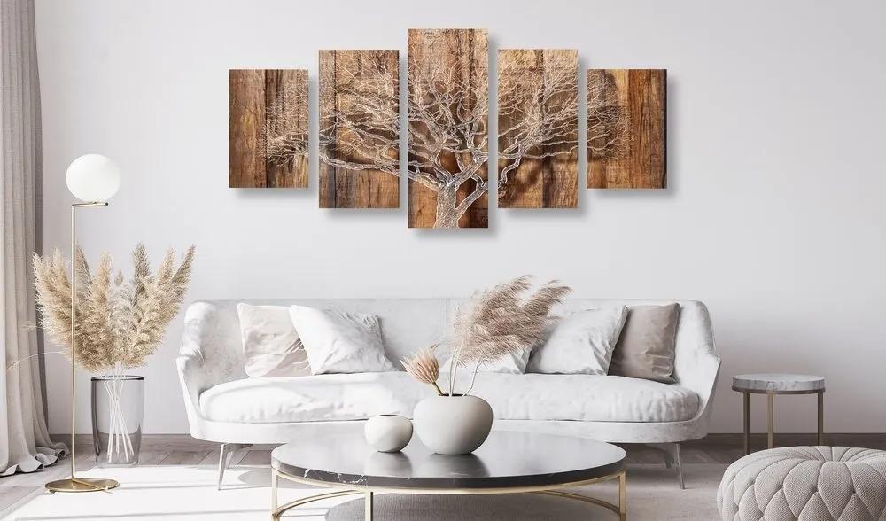 5-dílný obraz strom s imitací dřevěného podkladu - 200x100 cm