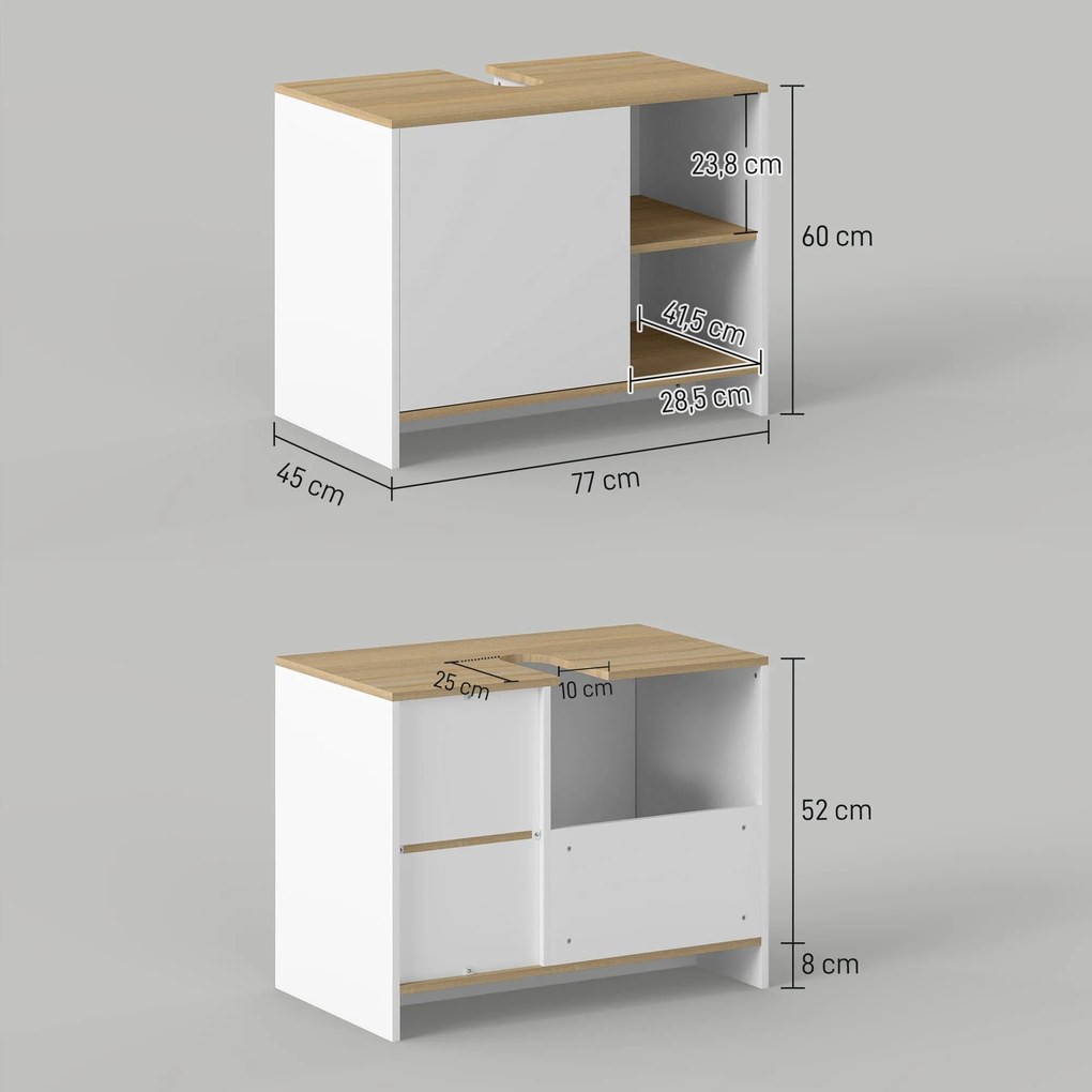 Moderní koupelnová skříňka pod umyvadlo kleankin s přihrádkami a dveřmi 77x45x60 cm Bílá a Přírodní