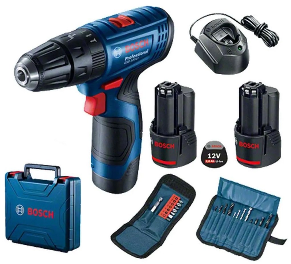 Bosch - 12V AKU vrtací šroubovák s příklepem, s příslušenstvím, 2x aku 2,0 Ah Li-Ion, nabíječka 06019G8102