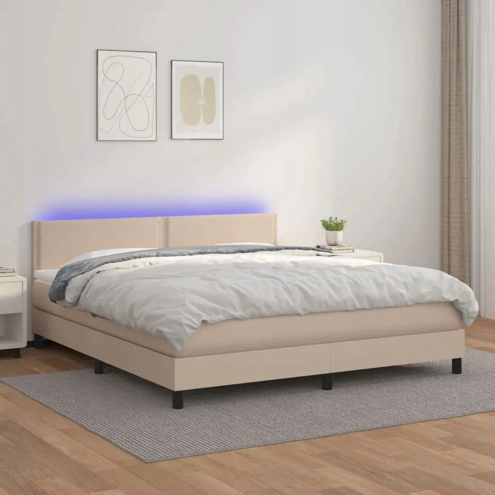 Box Spring Postel Matrace A Led 160X200Cm Umělá Kůže Cappuccino Hladké s hř