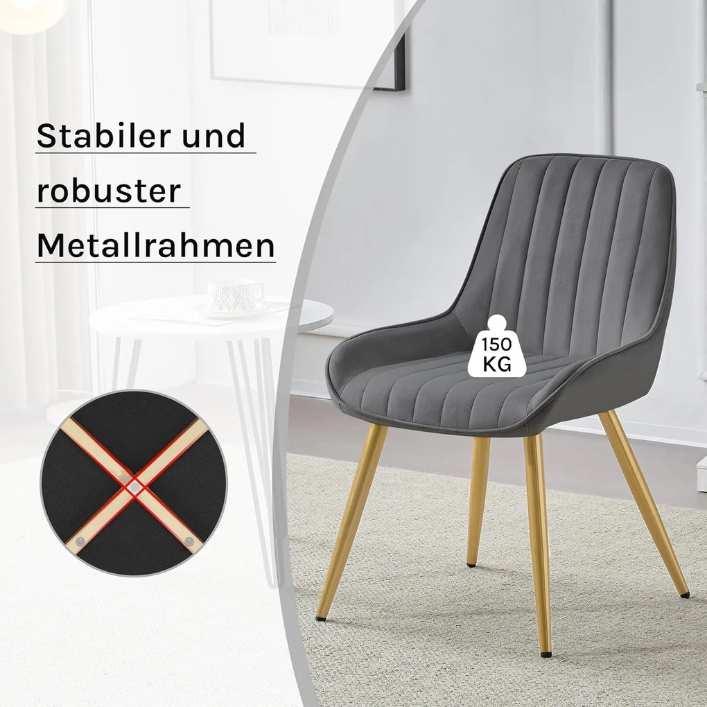 WOLTU Jídelní židle s opěrkou, sametový sedák a kovové nohy – sada 2 ks, tmavě šedé
