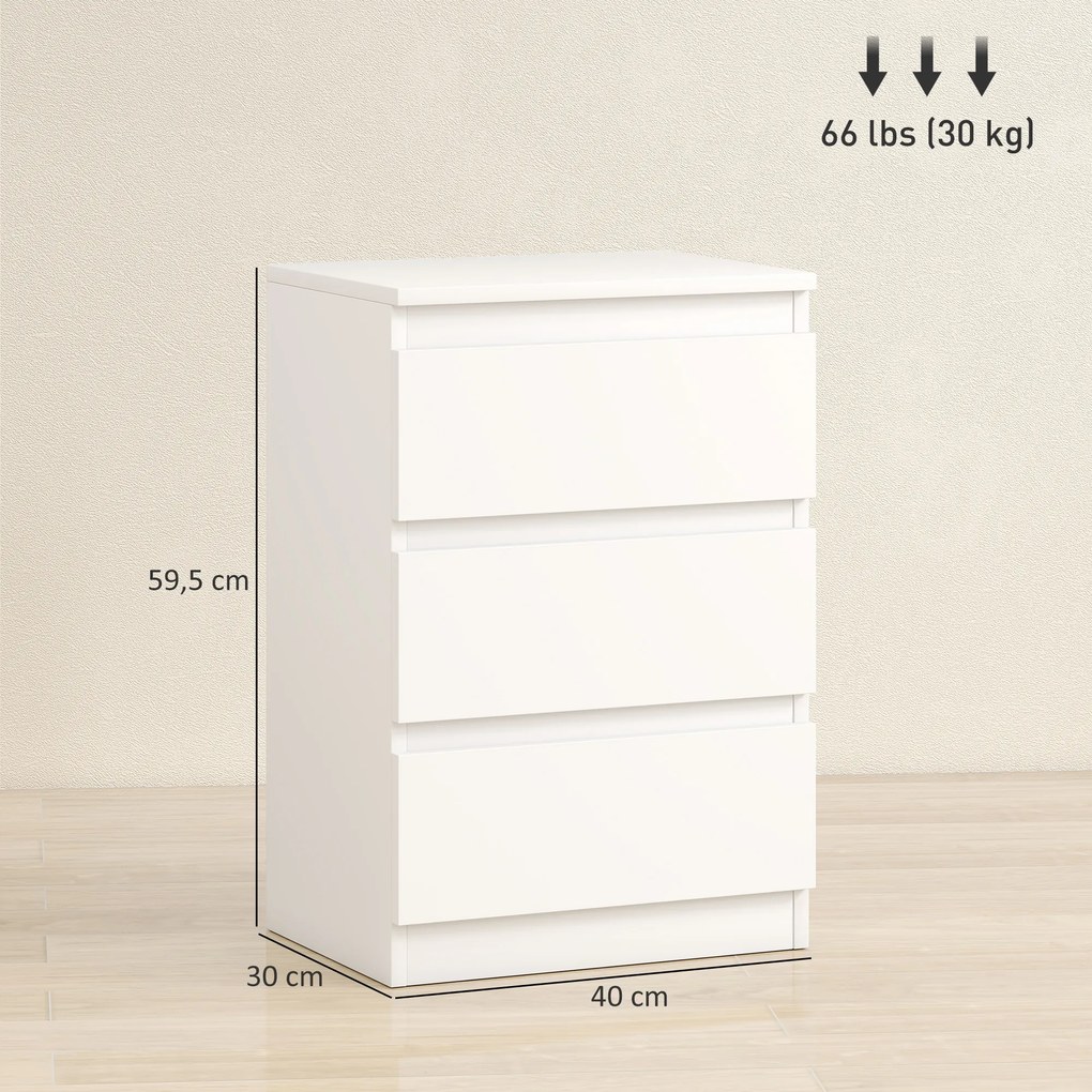 HOMCOM Noční stoly, sada 2 ks, 3 zásuvky, bezúchytový design, vzhled dřeva, bílá