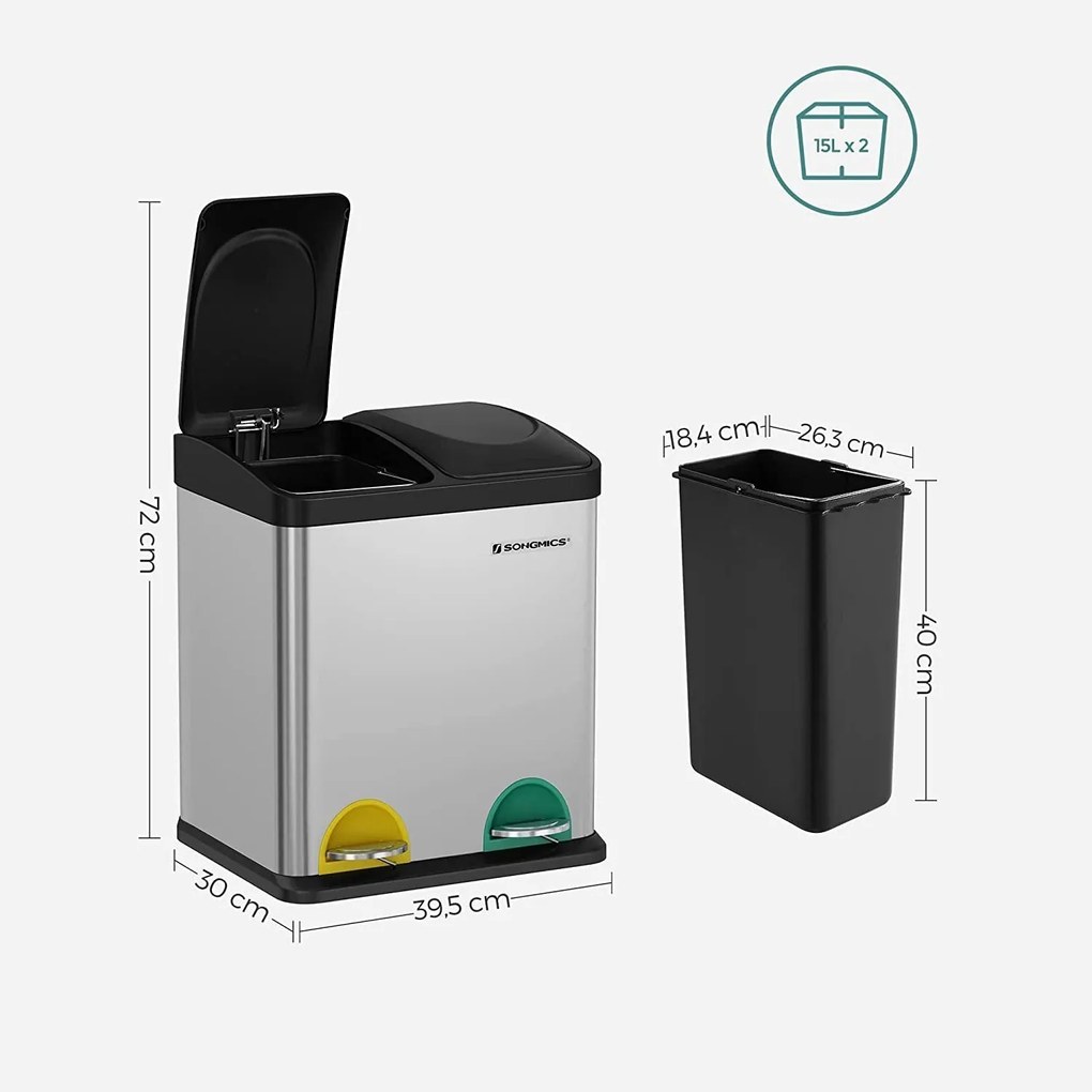 Odpadkový koš, selektivní třídění odpadu, ocel, 30 litrů, 2 x 15l