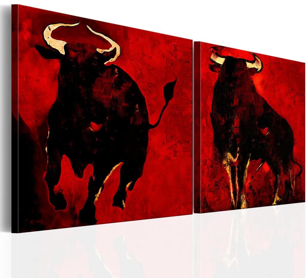 Obraz Furie (2dílný) - fantaskní motiv černých býků na červeném pozadí