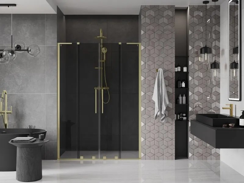 Mexen Velar L Duo, posuvné sprchové dveře do otvoru 160 cm, 8mm šedé sklo, zlatá matná, 871-160-003-42-55