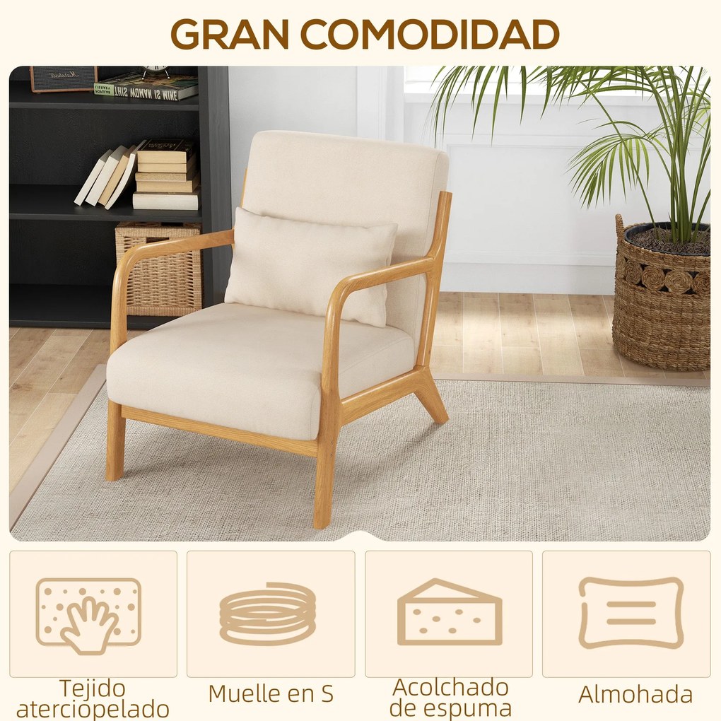 HOMCOM Lounge Křeslo Nordic Styl s Područky a Polštem, Rám z Gumového Dřeva pro Obývací Pokoj, Nosnost 120 kg, 61x78x76 cm, Béžové