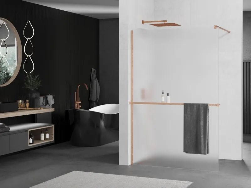 Mexen Kioto+, sprchová zástěna Walk-In s poličkou a věšákem 140 x 200 cm, 8mm sklo námraza, měděný matný profil, 800-140-121-65-30