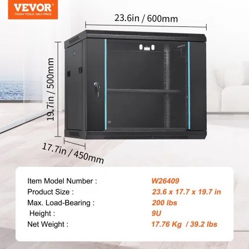 Síťová serverová skříň pro montáž na stěnu 9U, hloubka 39,4 cm
